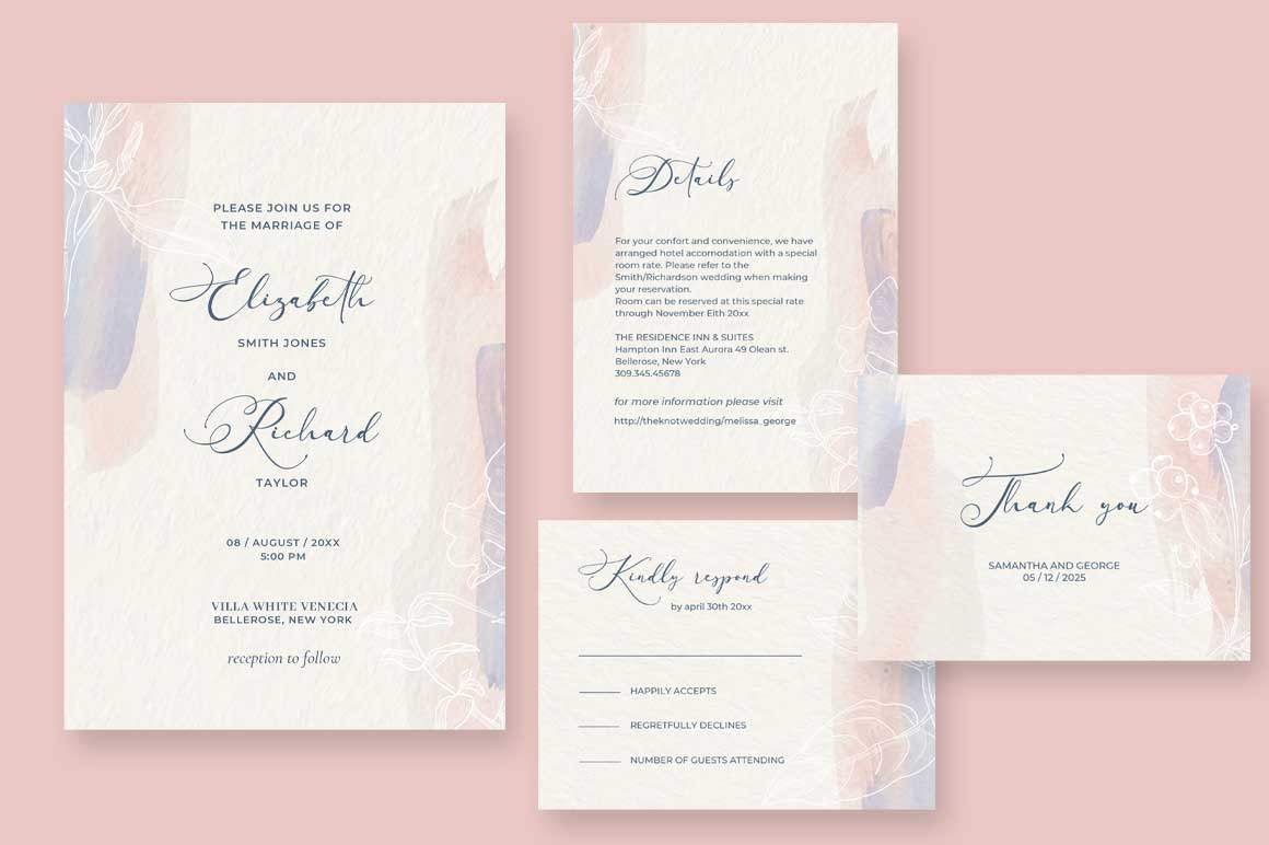 Soft pink and blue Wedding Set, an Invitation Template by Blush Roses Print