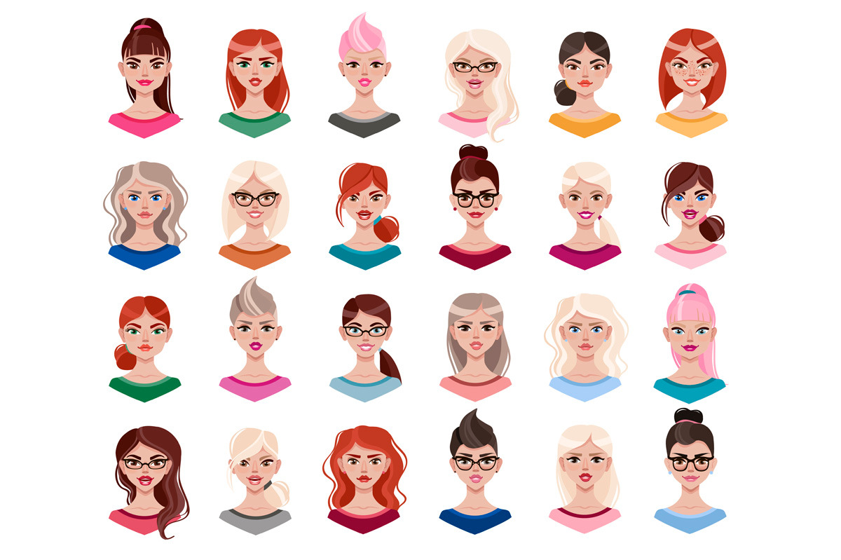 Set of 24 female characters avatars., a Person Illustration by Miss ...