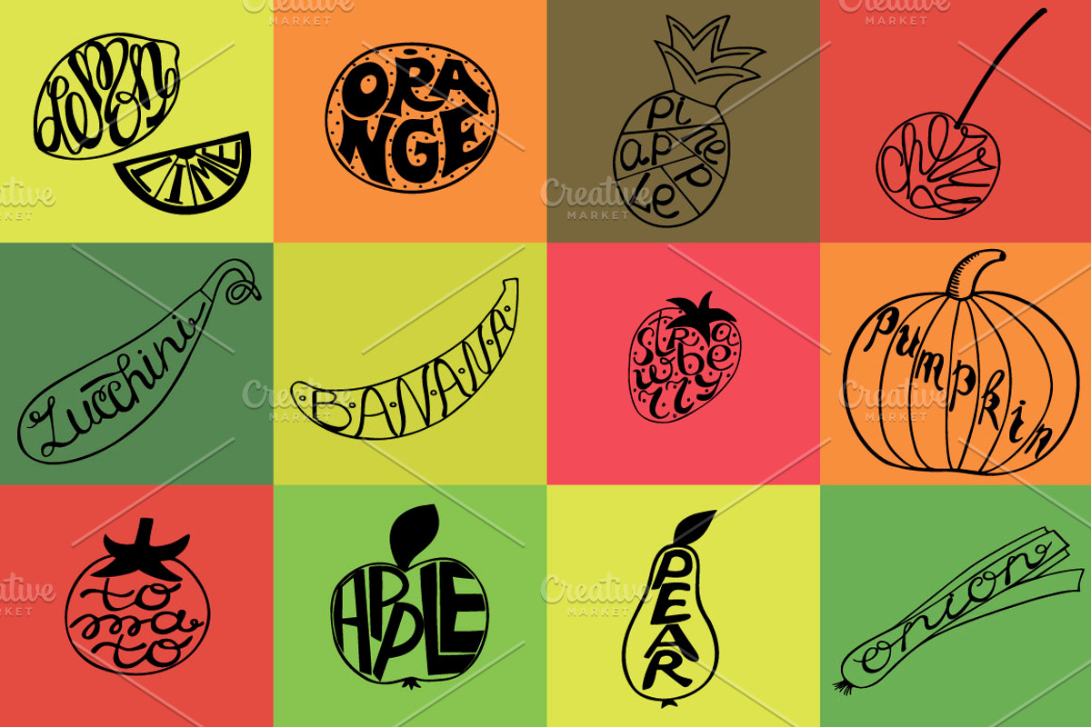 Fruits and vegetables with lettering, an Illustration by Ola-la-la
