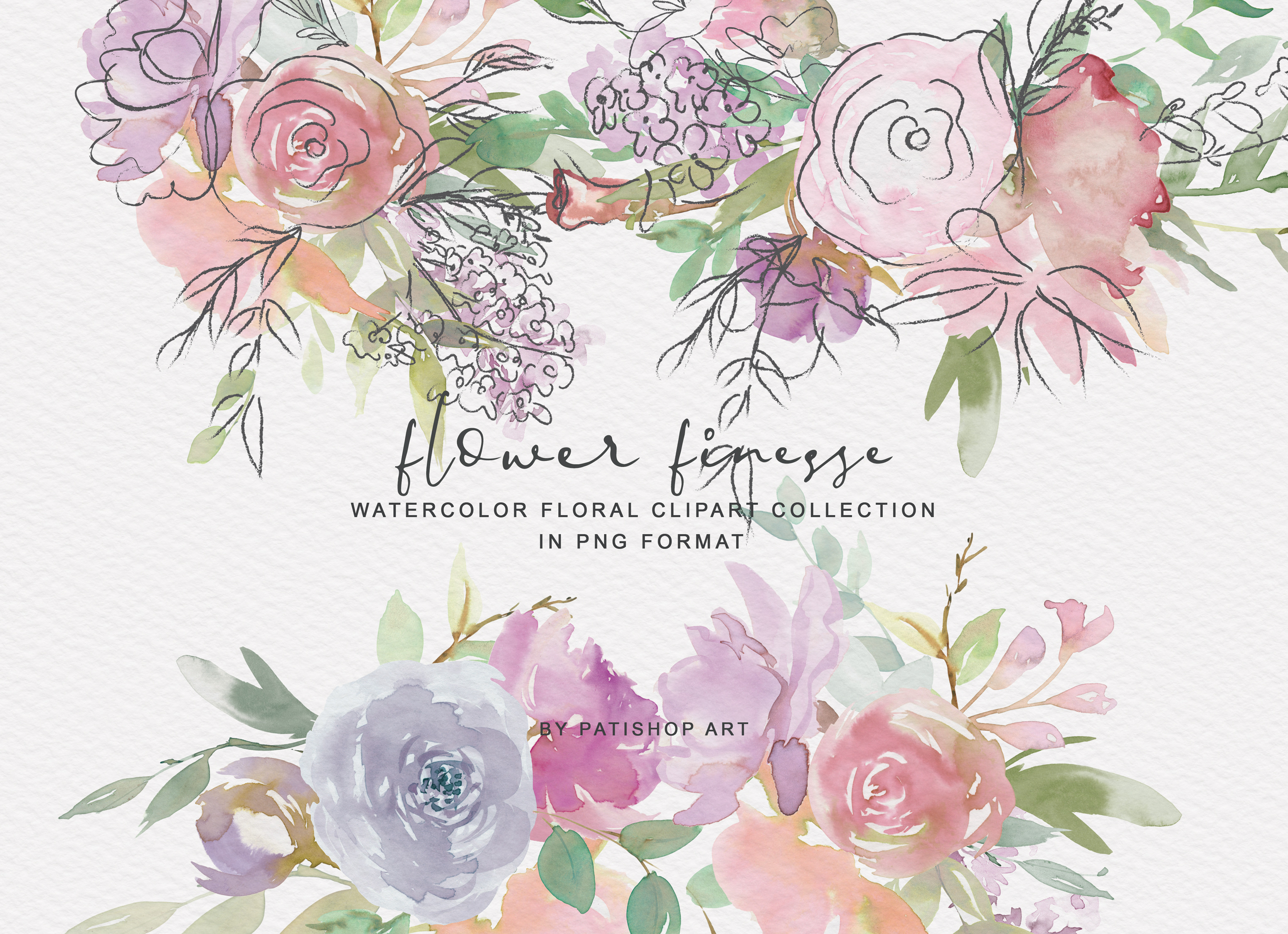 Watercolor light blush flowers set.