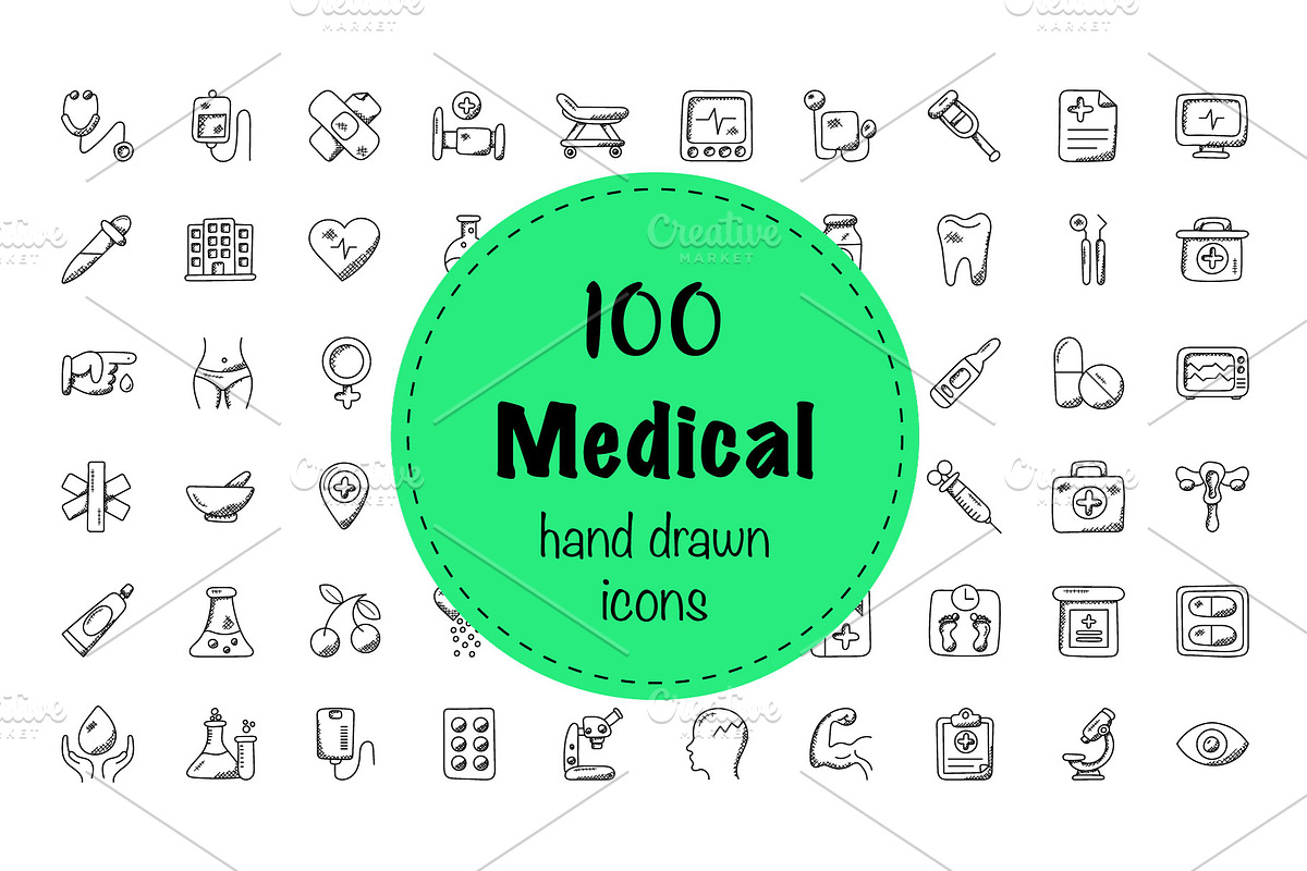 100 Medical and Health Doodle Icons, an Icon by Creative Stall
