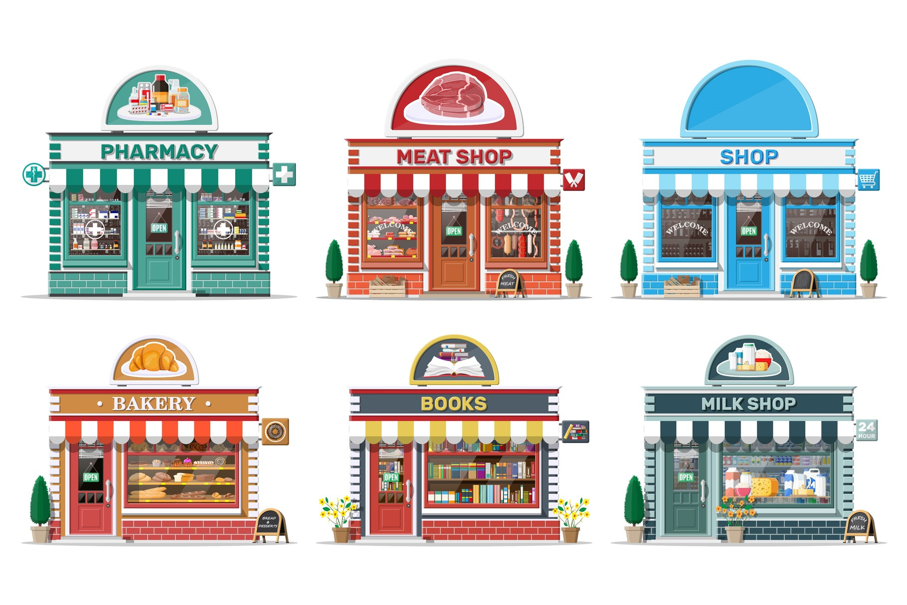 Set of detailed city shop buildings. | Food Illustrations ~ Creative Market
