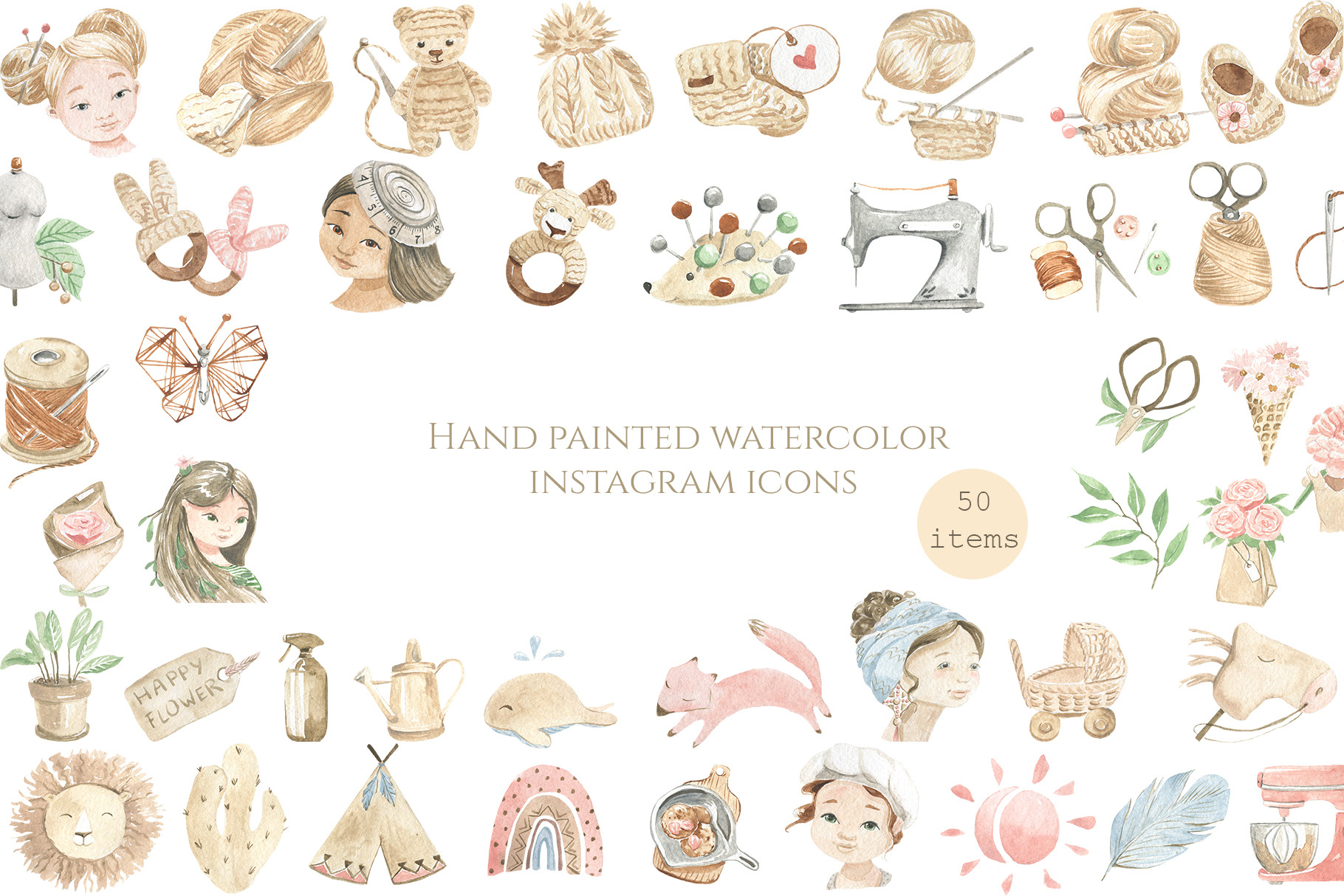 Hand painted watercolor icons
