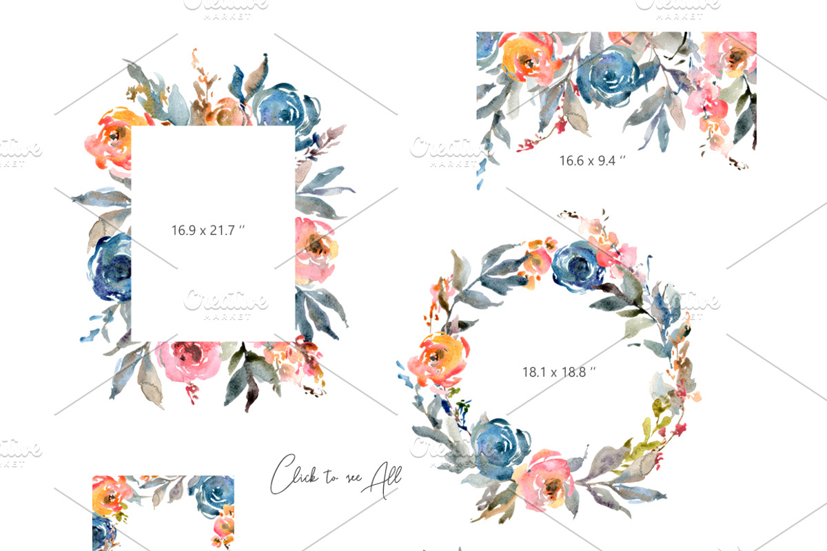 Watercolor Pink & Blue Flowers Png, an Illustration by GraphicsDish