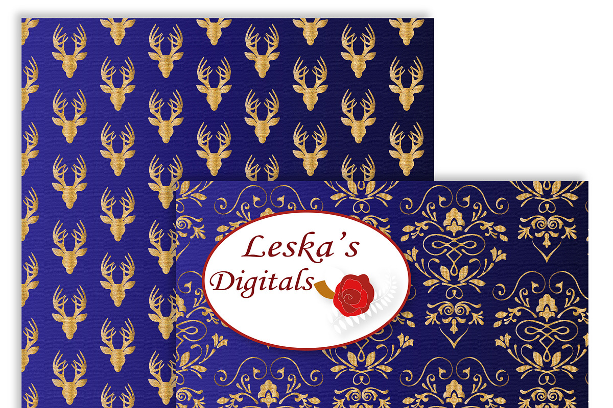 Royal Blue and Gold Digital Paper, a Pattern Graphic by Leska's Digitals