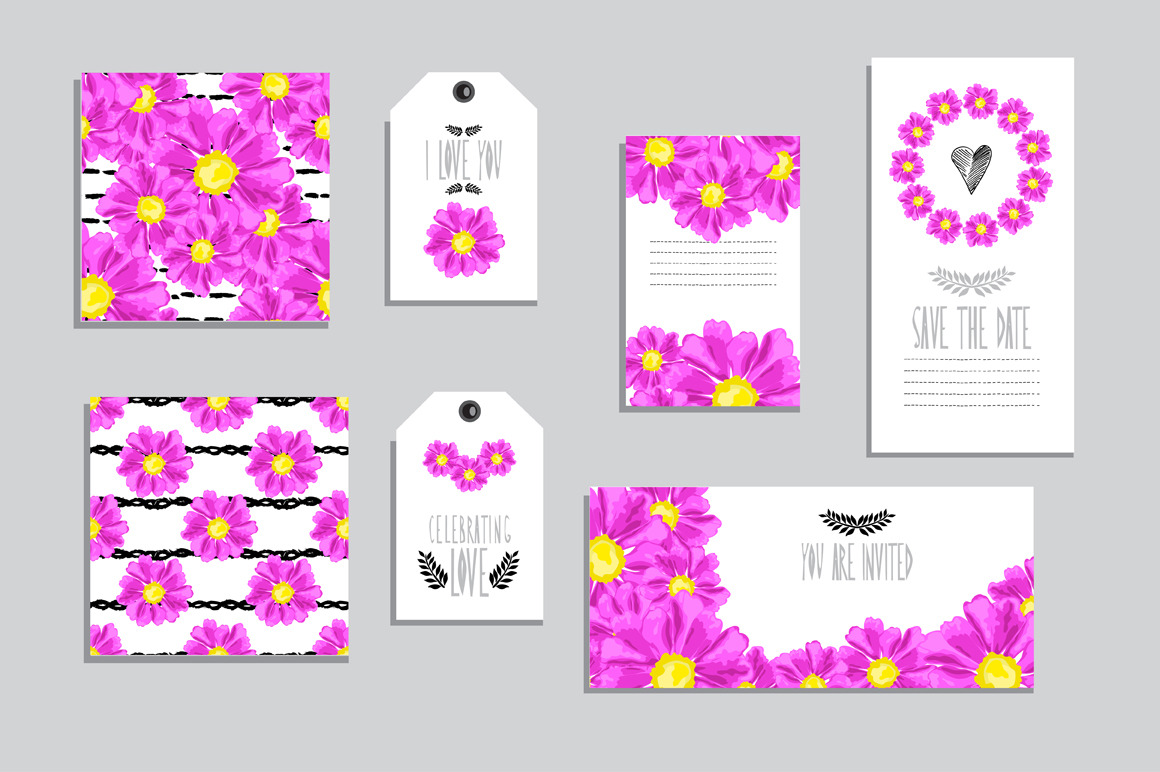 Pink Floral Cards, a Card Template by Sunset&Sea Design