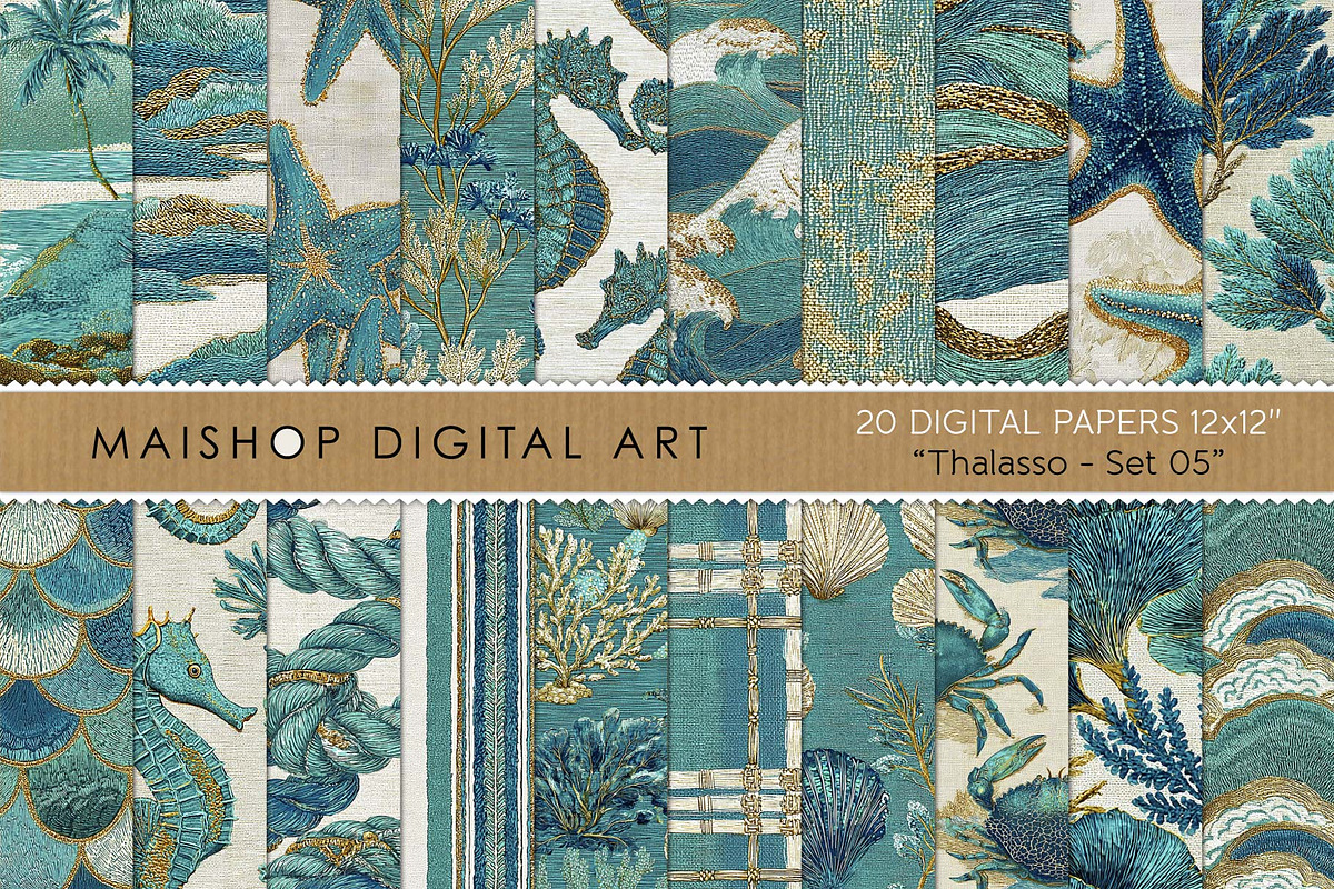 Teal Gold Coastal Digital Paper Set 05