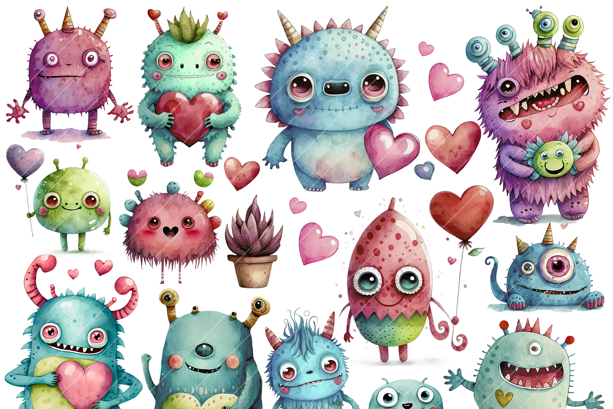 Cute Watercolor Monster Clipart, a Graphic by JBArt Clipart