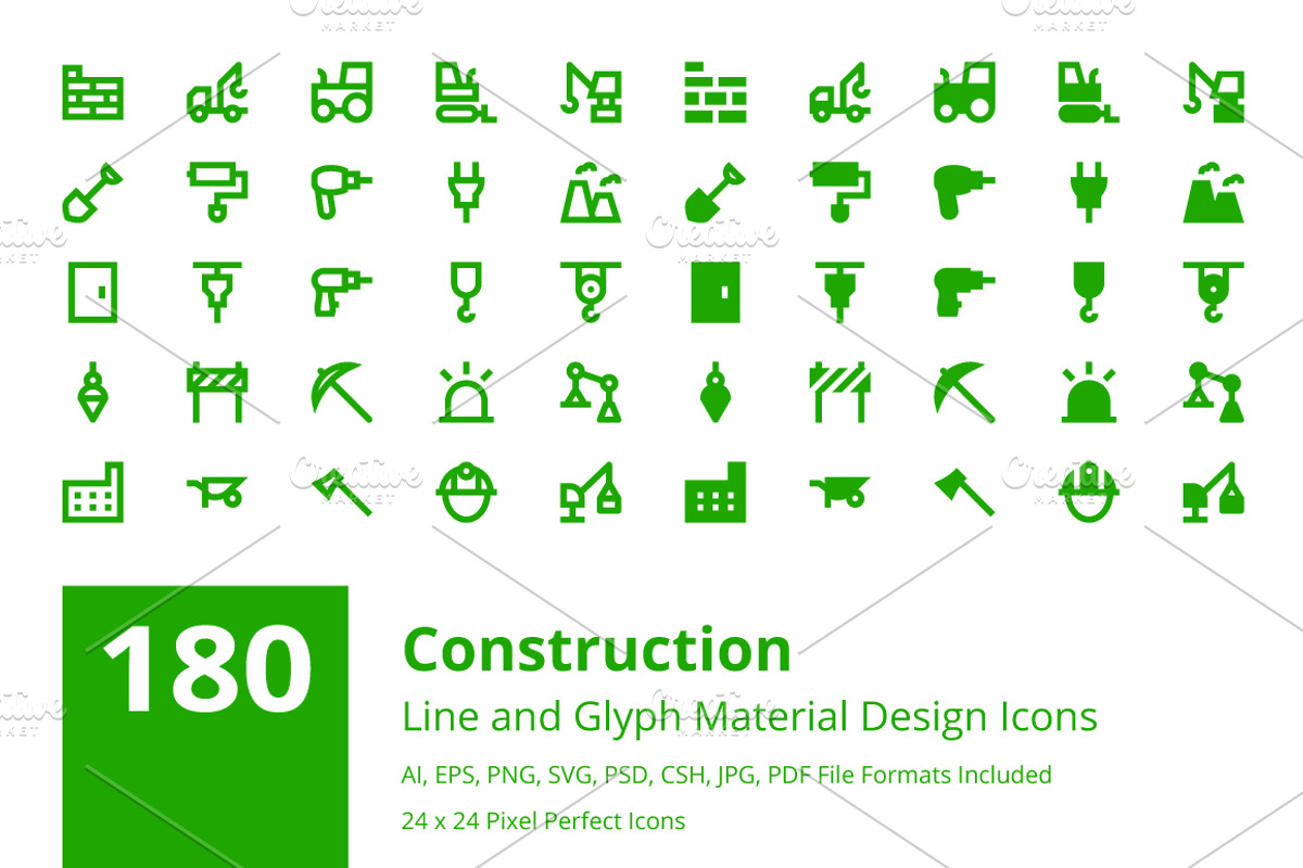 180 Material Construction Icons, a Solid Icon by Creative Stall