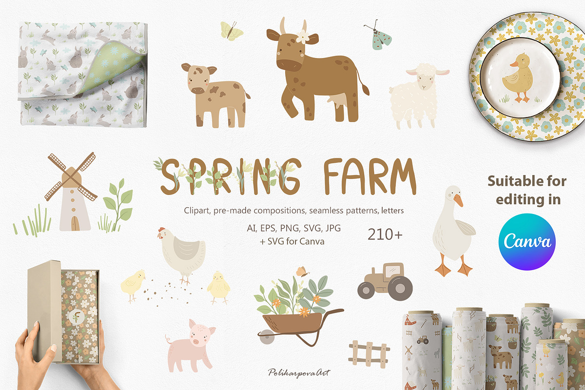 SPRING FARM animals clipart, pattern