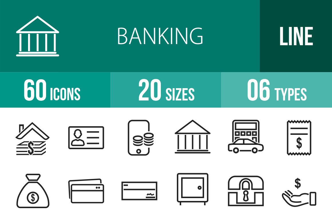 60 Banking Line Icons, an Outline Icon by IconBunny