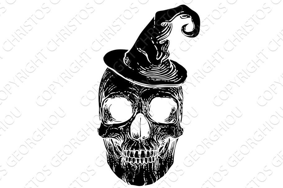 Halloween Skull in Witch Hat, an Illustration by Christos Georghiou