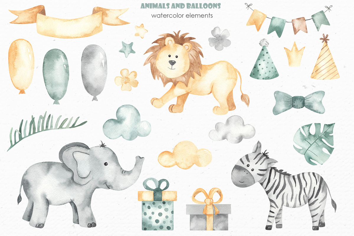 Animals and balloons watercolor, an Animal Illustration by Marina Ermakova