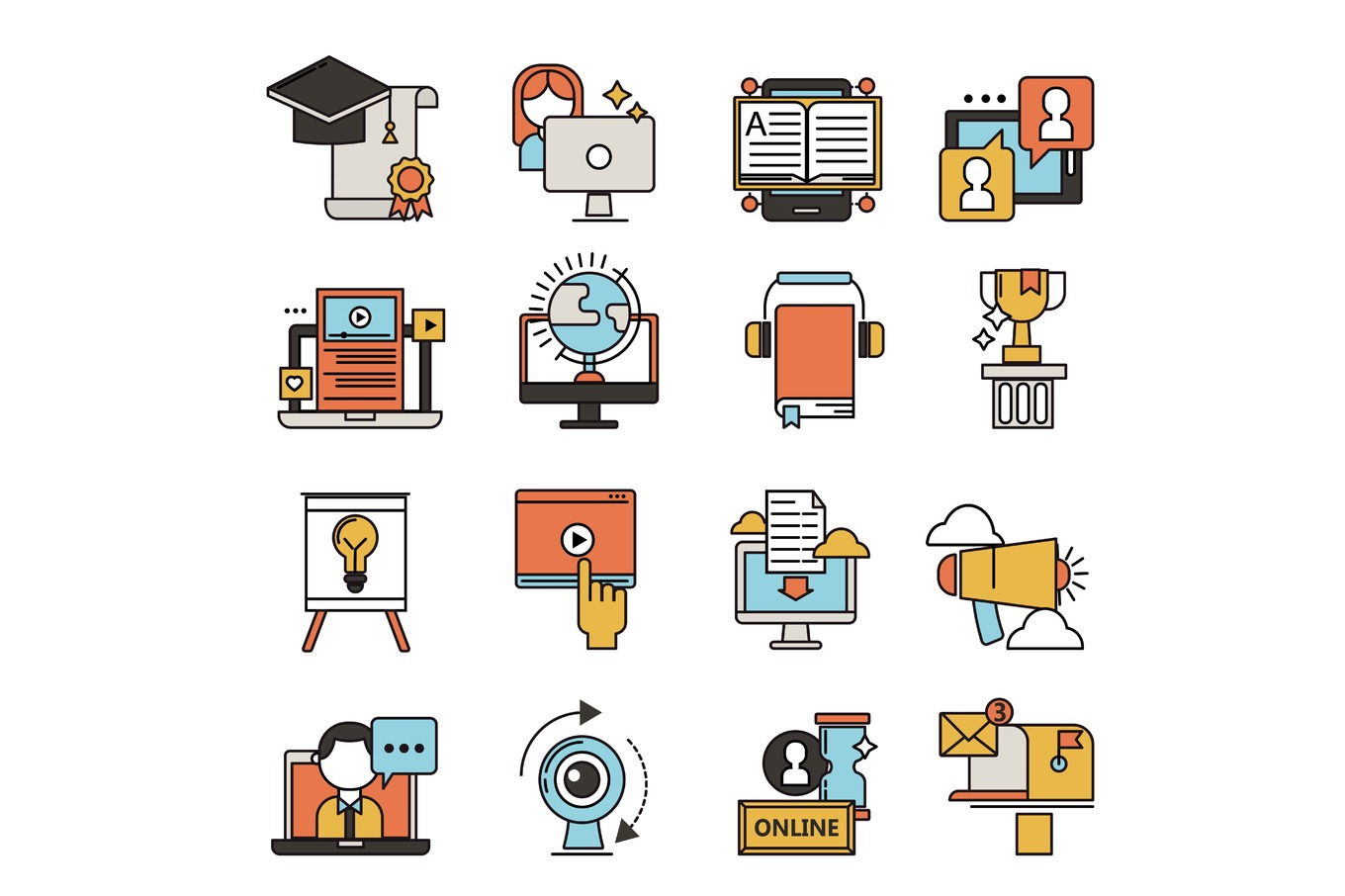 Flat design icons online education staff training book store distant ...