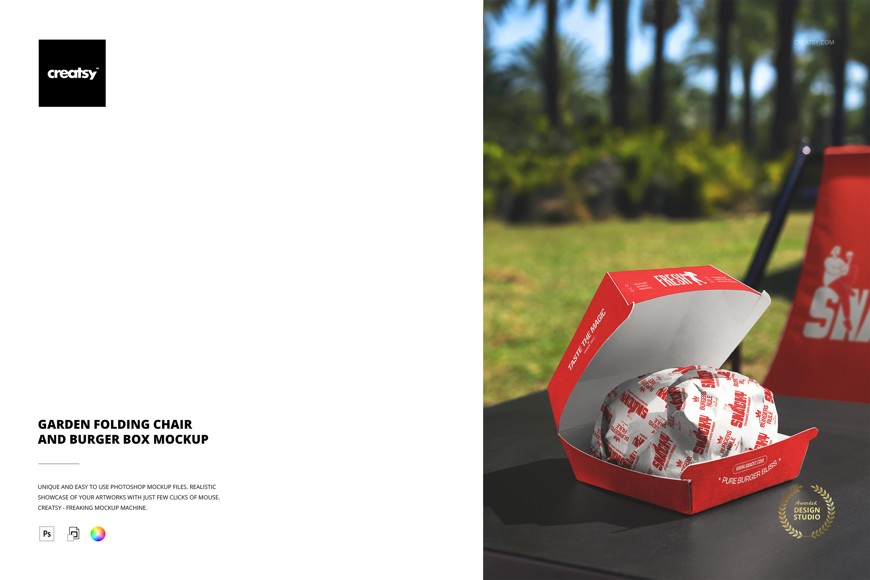 Folding Chair and Burger Box Mockup, a Packaging Mockup by creatsy5