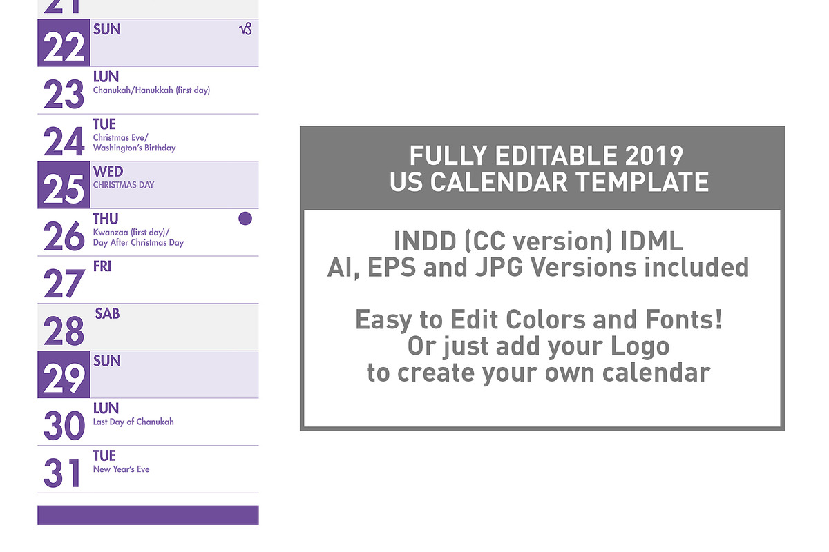 2019 US Calendar Poster Template, a Templates & Theme by Pingebat