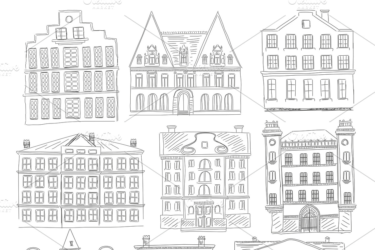 Historic old buildings line sketch., an Illustration by Lemberg Vector