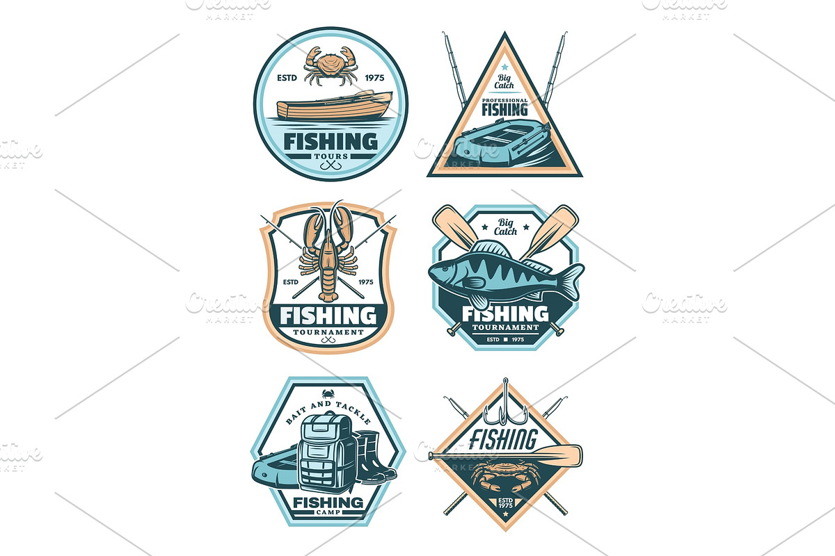 Fishing badge with fish, rod, hook, a Food Illustration by Vector Tradition