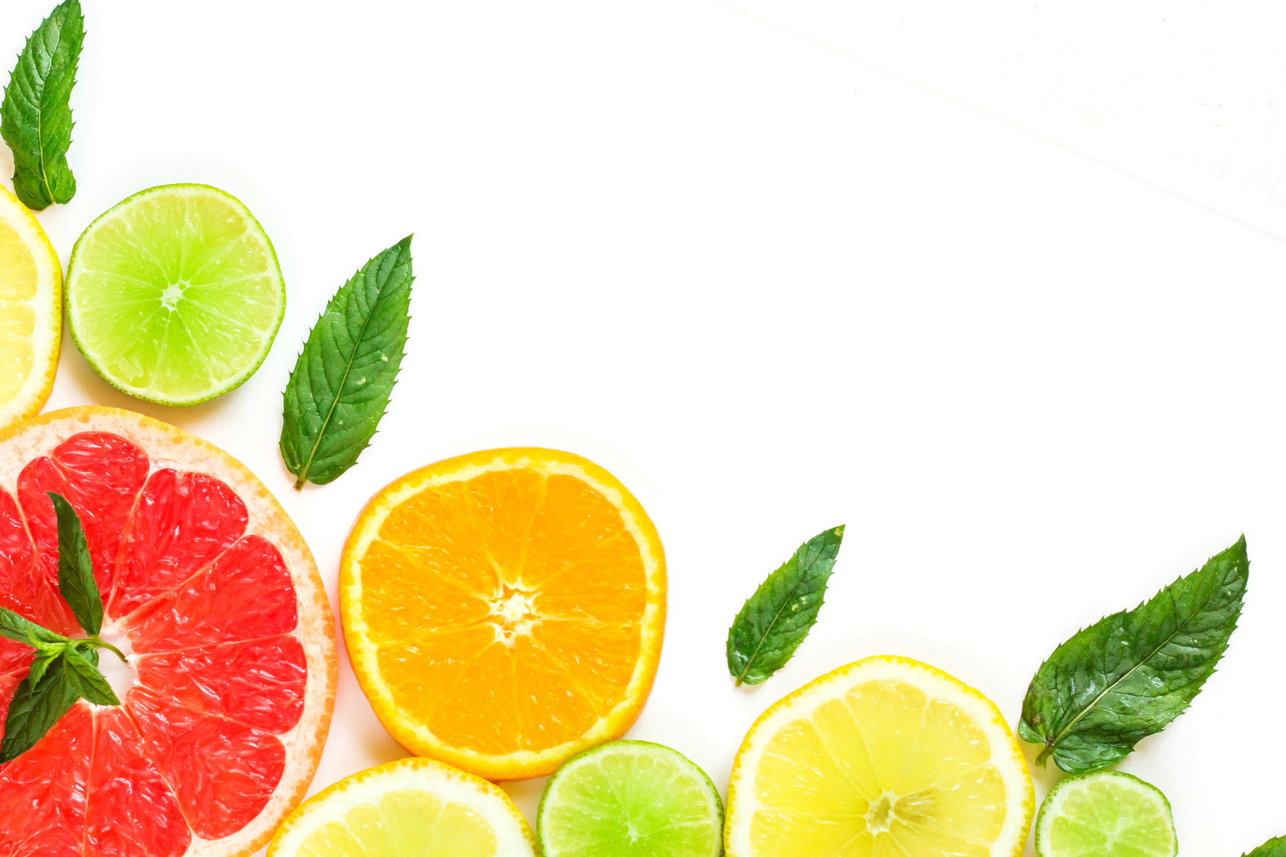 Citrus food corner on white background assorted citrus fruits with mint ...