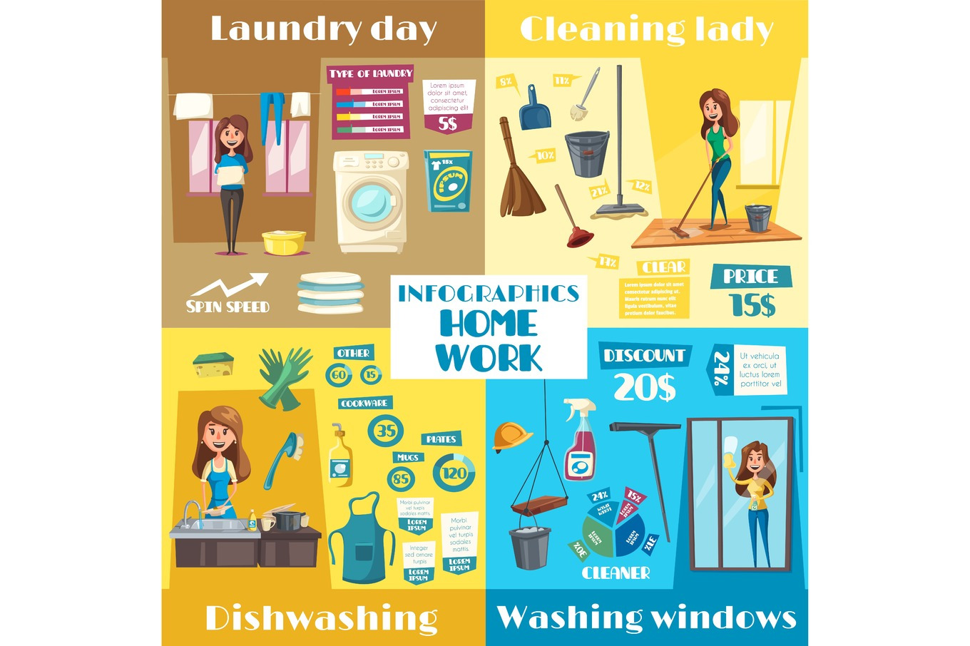 Vector posters for housework cleaning and washing | People ...