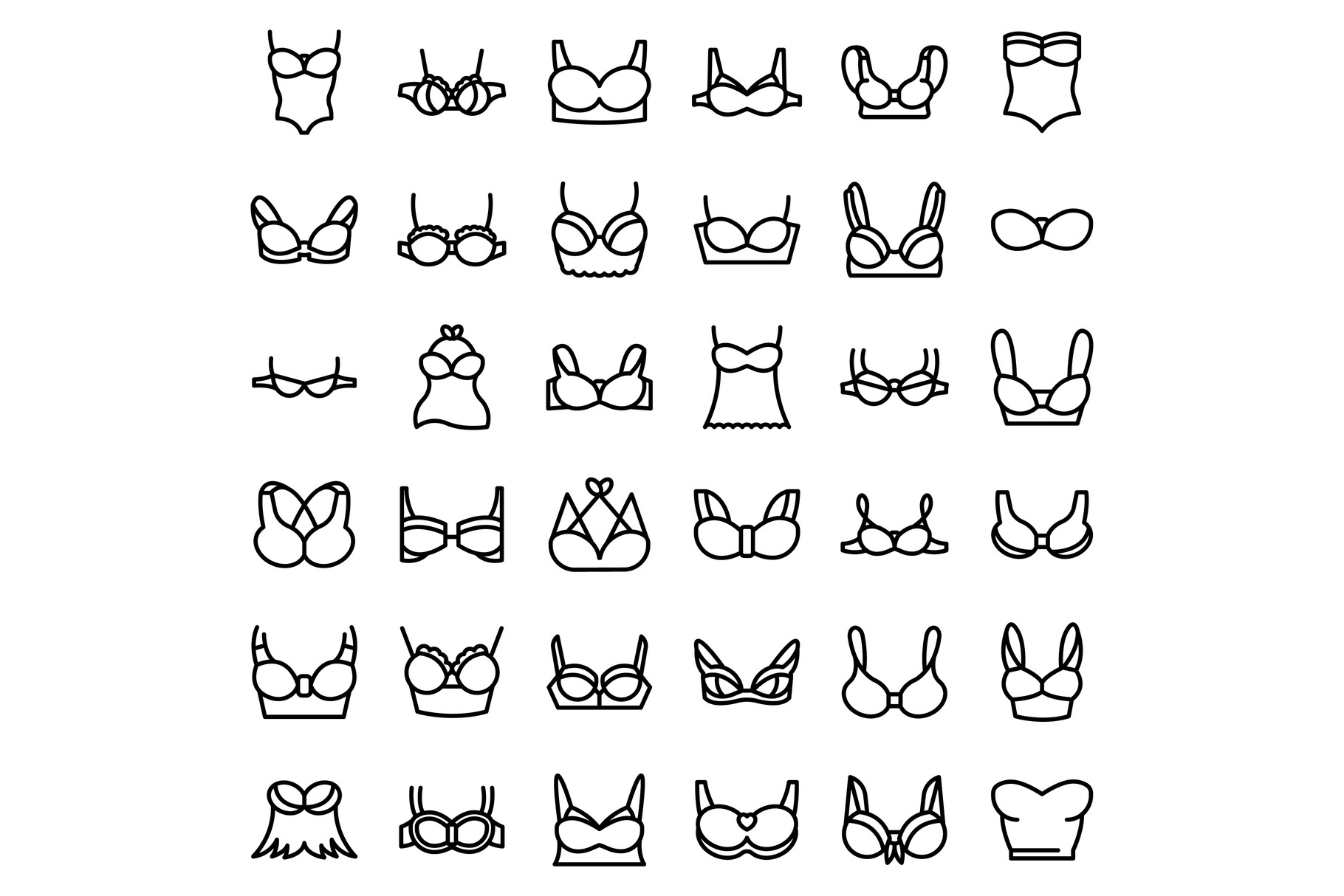 Bra icons set, outline style, an Illustration by Ylivdesign