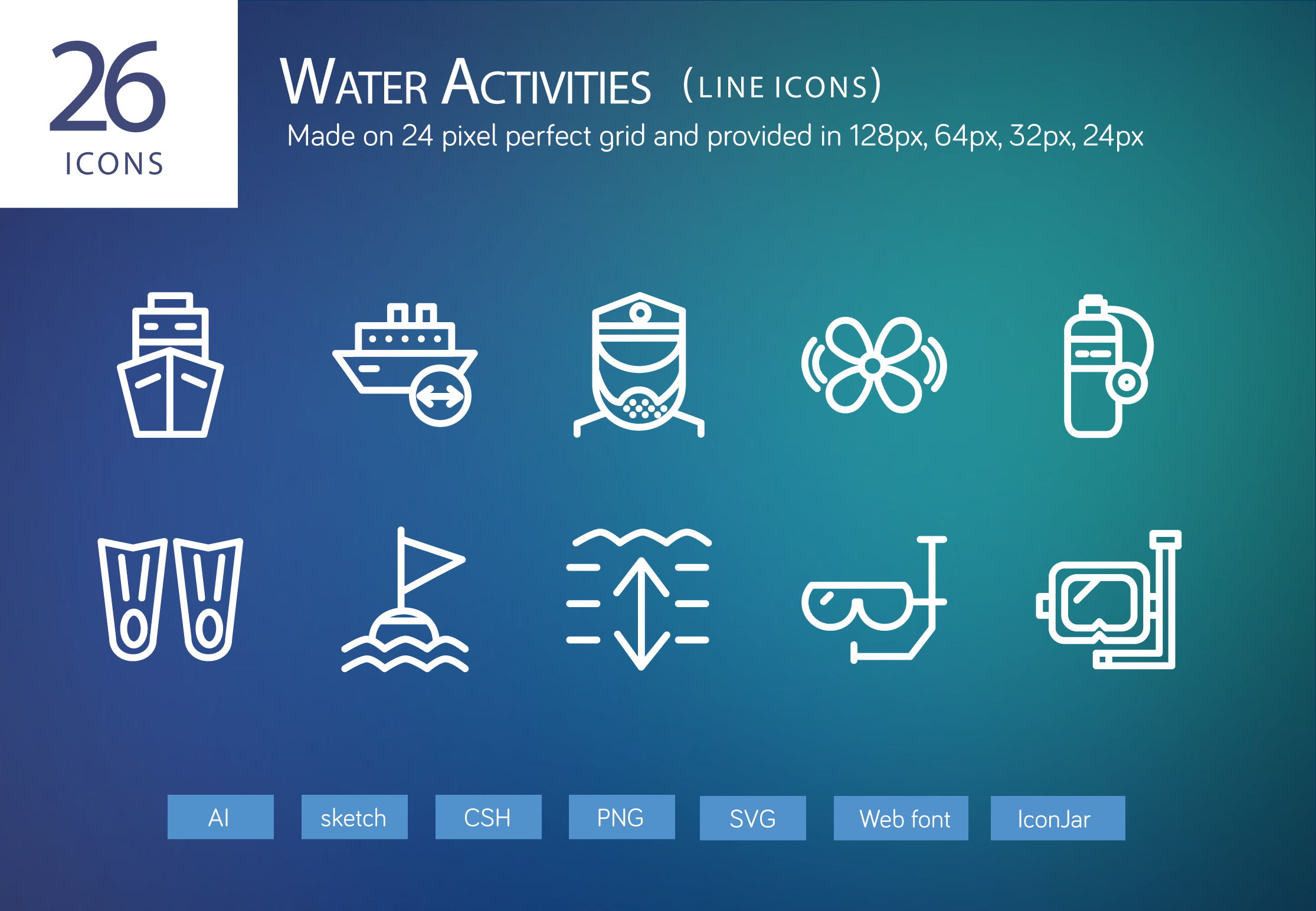 26 Water Activities Line Icons, an Outline Icon by Vectopus.com