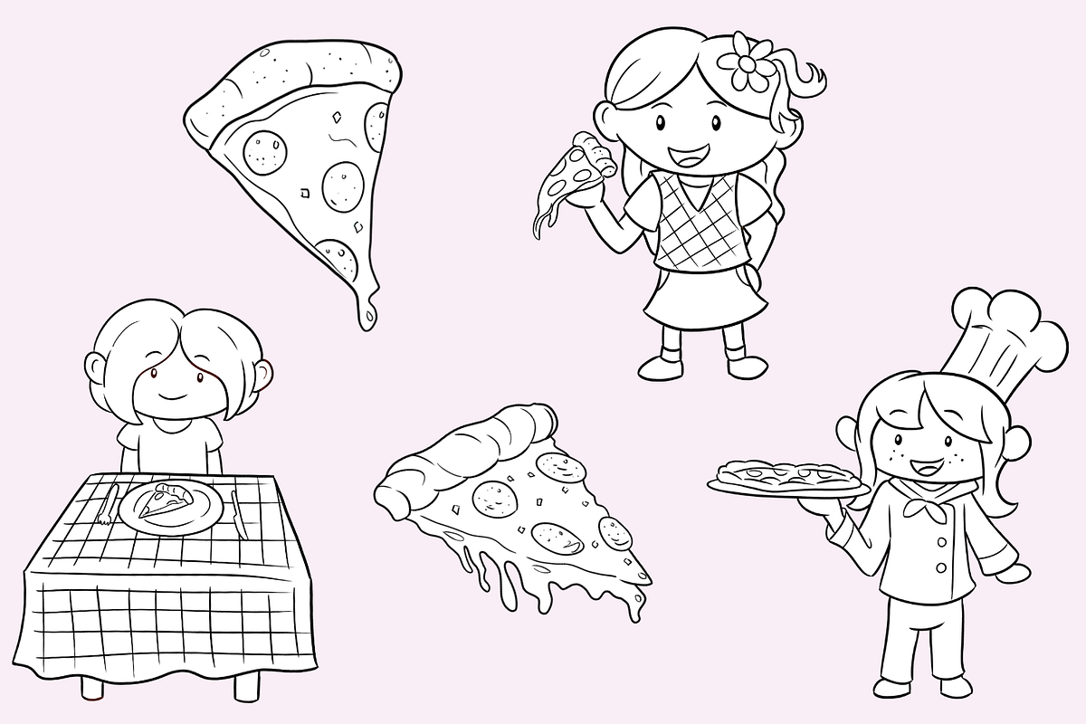 Pizza Party Girls Digital Stamps, an Illustration by Keepin' It Kawaii
