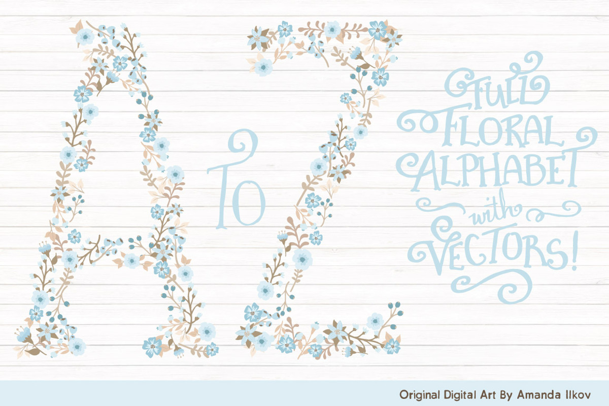 Soft Blue Floral Alphabet Clipart, an Illustration by Amanda Ilkov ...