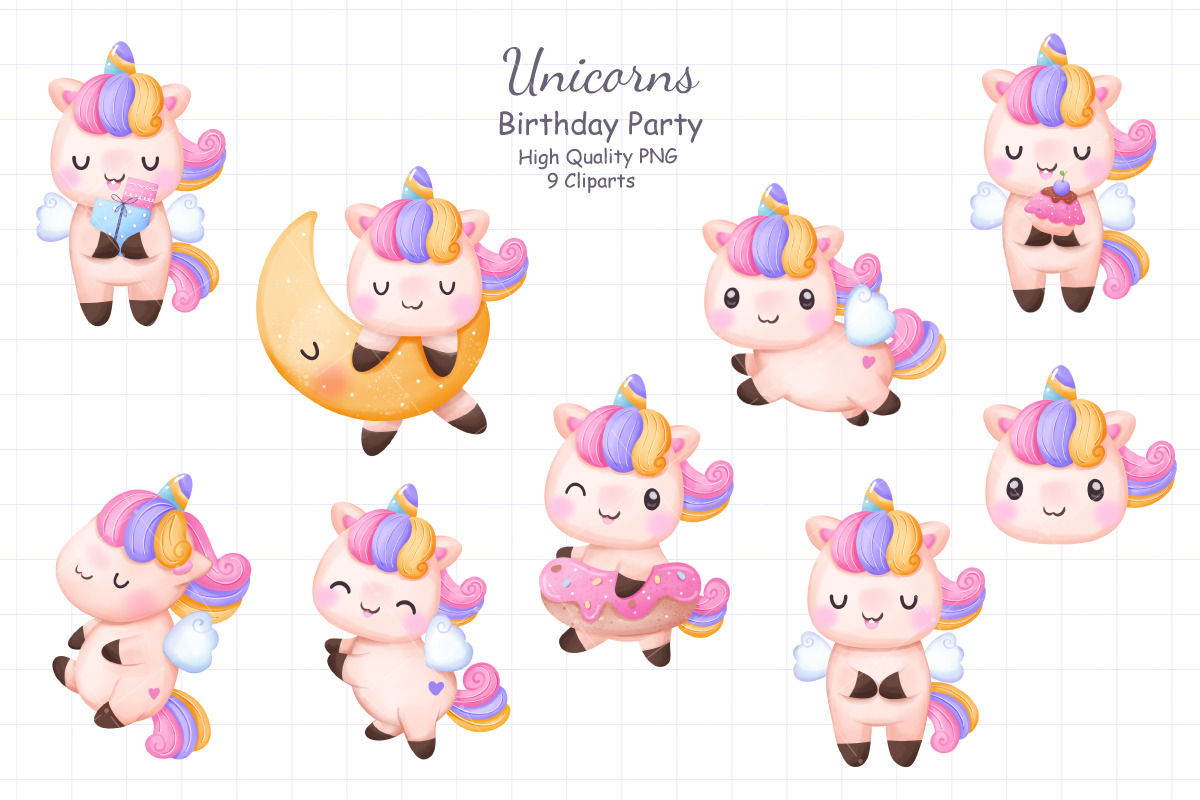 Cute Unicorns Birthday Party Cliparts