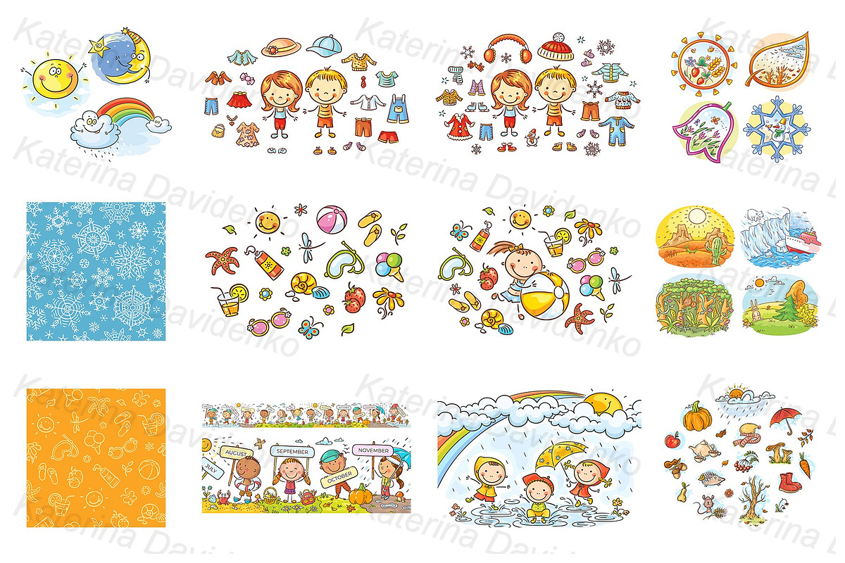 Hand drawn cartoon seasons & weather, a Seasonal Illustration by Bubert Art