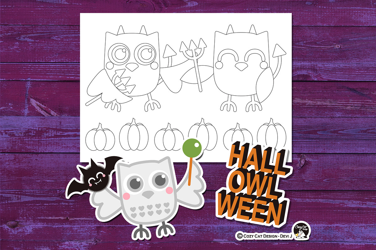 Owl Halloween Coloring Pages, an Illustration by Cozy Cat Design