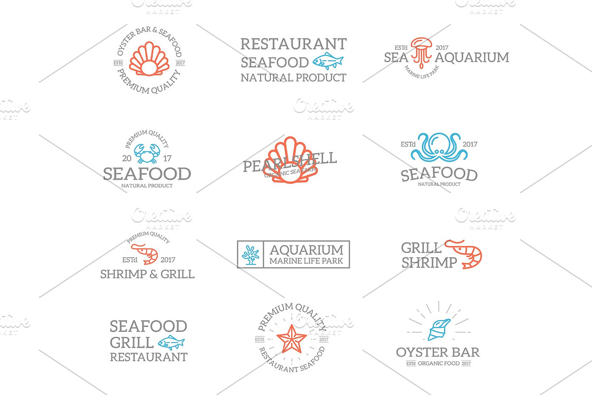 Set of retro vintage fish and seafood logo or insignia, emblems, labels ...