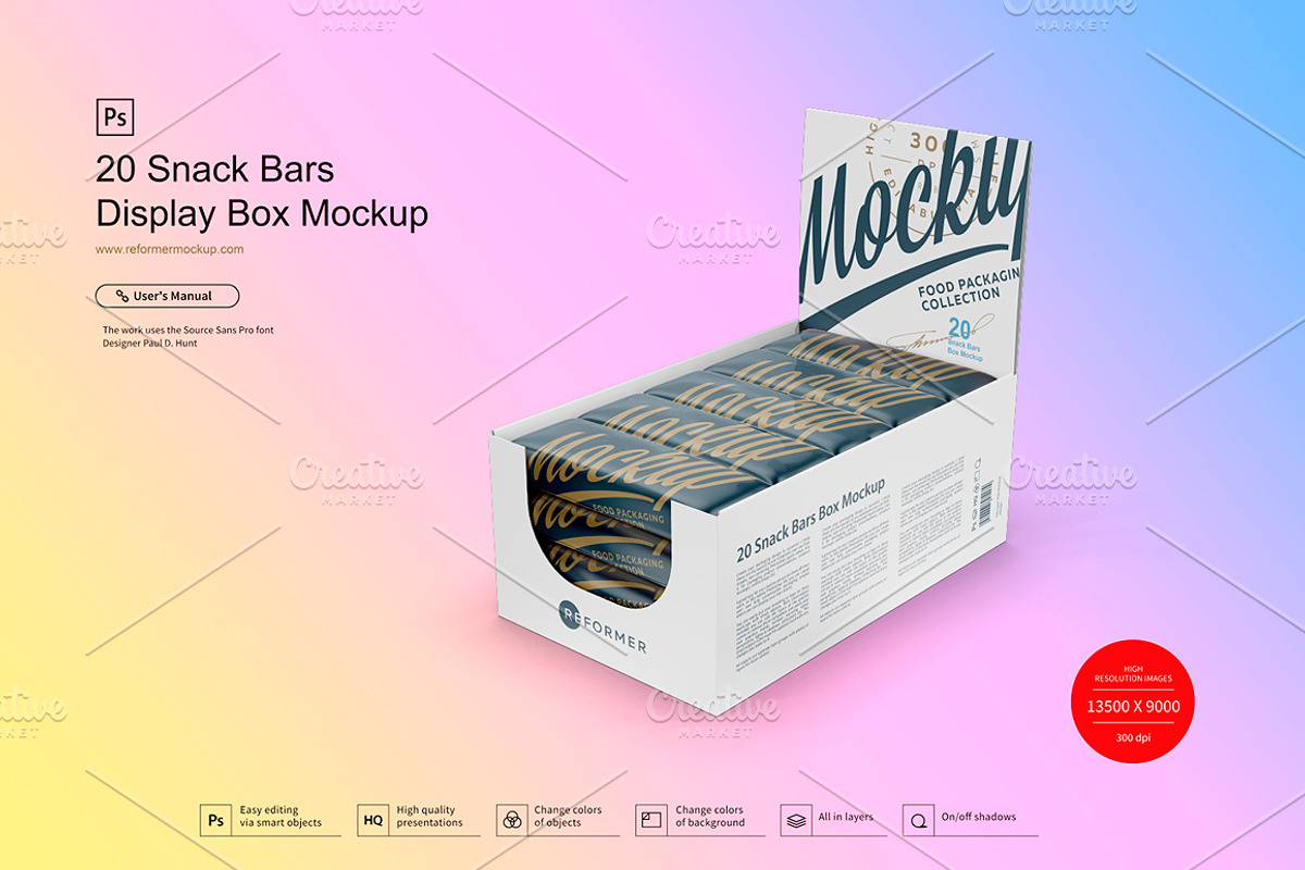 20 Snack Bars Display Box Mockup, a Packaging Mockup by Reformer Mockup