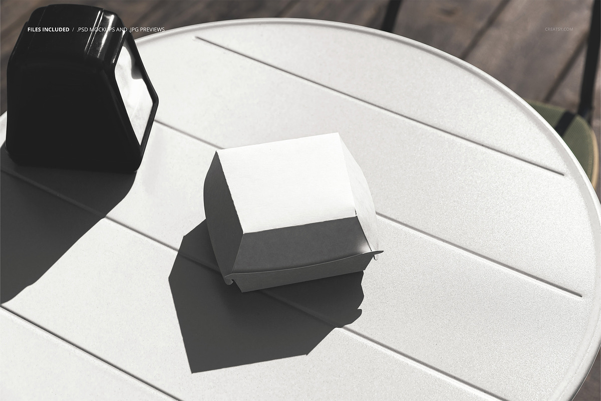 Outdoor Table with Burger Box Mockup, a Packaging Mockup by creatsy5