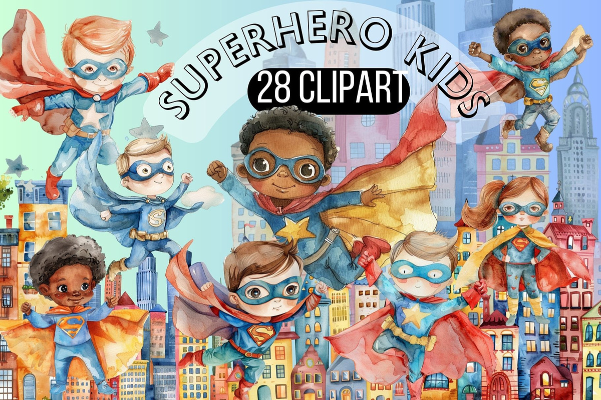 Superhero Kids Watercolor Clipart