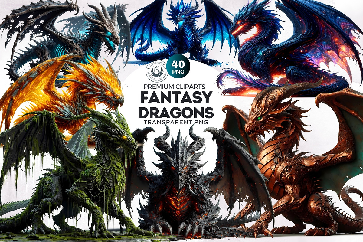 Fantasy Dragons Clipart set, an Object Illustration by ThatsDesign Art