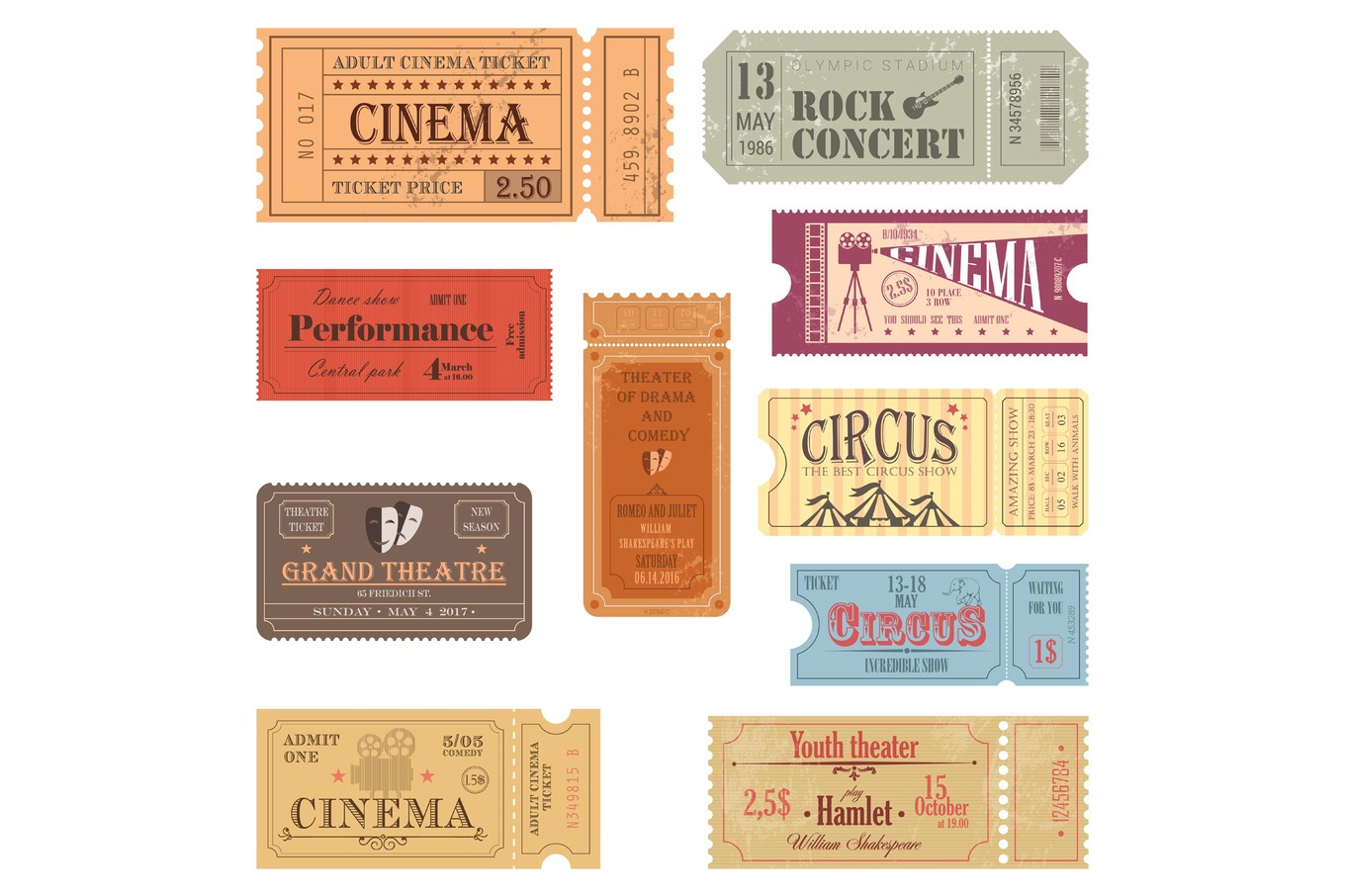 Retro tickets or old paper coupons for show, an Arts & Entertainment ...