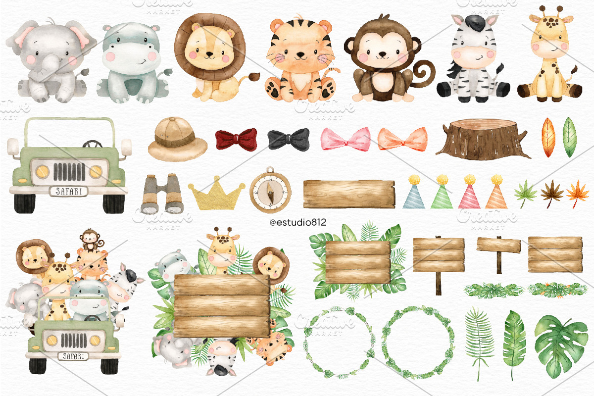 Watercolor Safari Clipart, an Illustration by Estudio 812