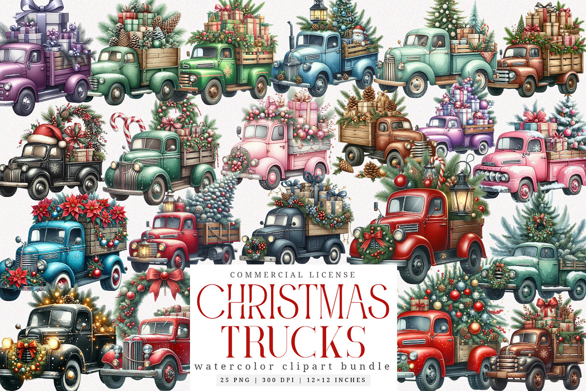 Christmas Trucks Clipart PNG, an Illustration by SinaCreation