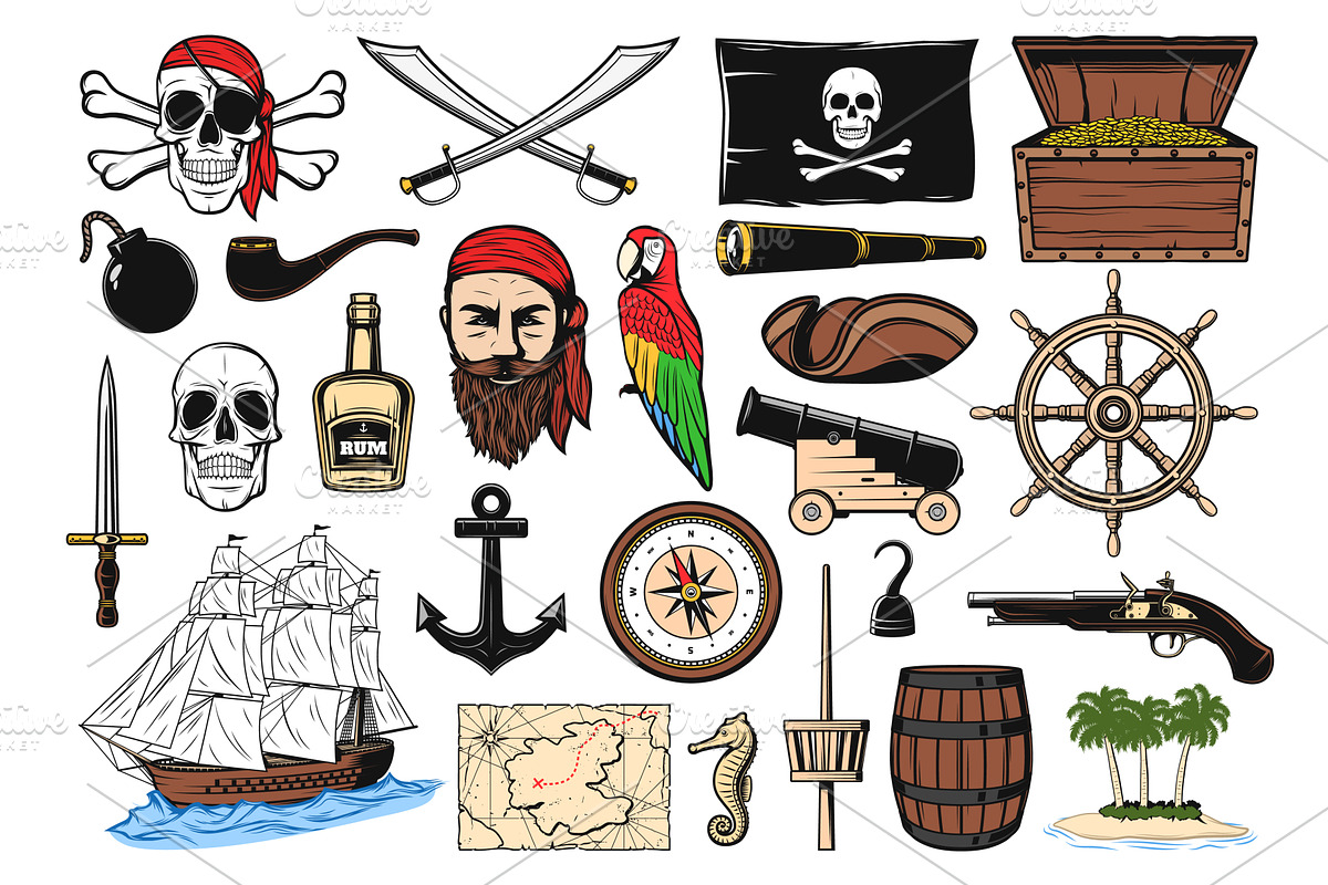 Pirate set, captain, ship, map, an Object Illustration by Vector Tradition