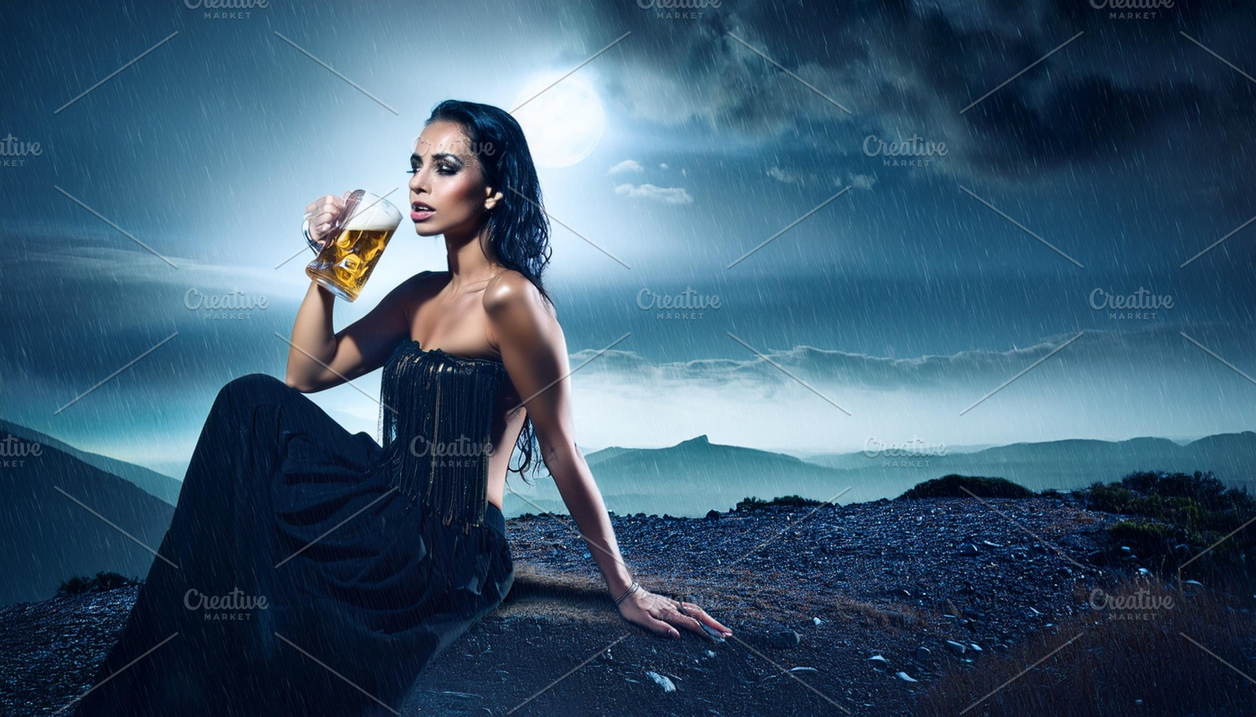 beautiful young goth woman drinking beer in rain, AI generated, a Photo ...