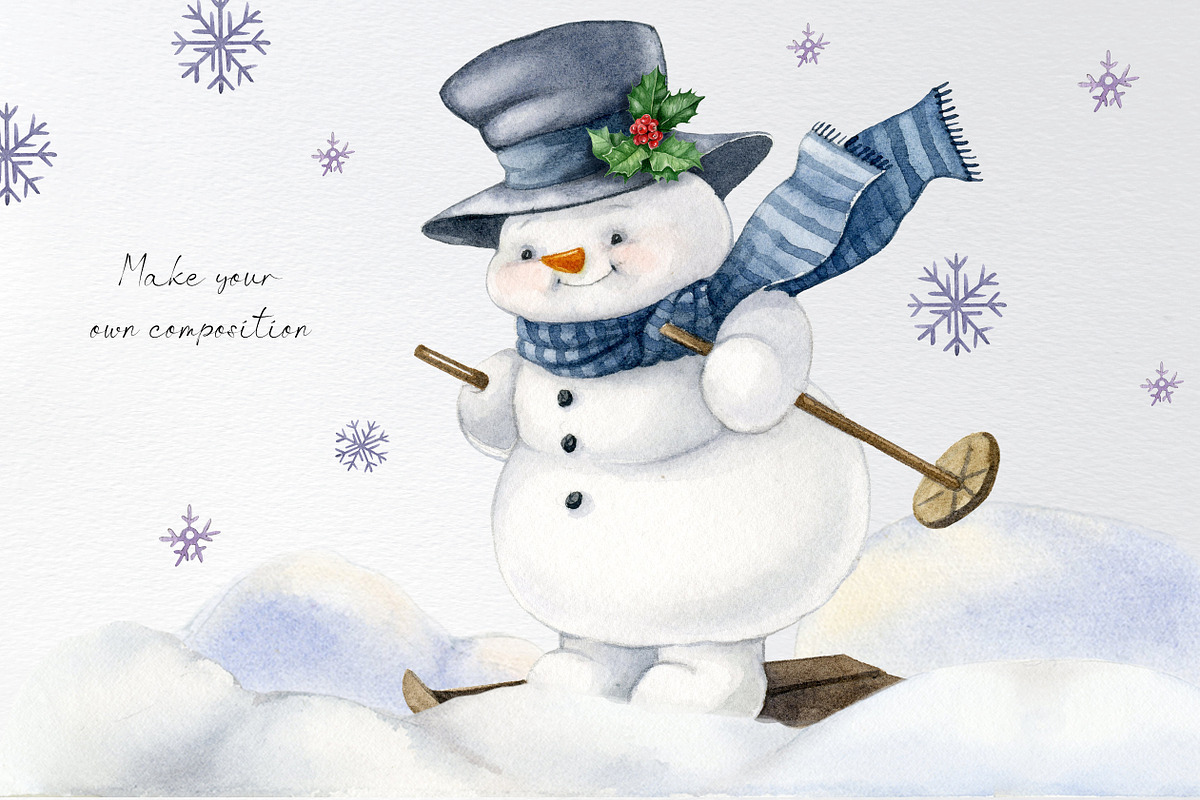 Watercolor winter snowman clipart