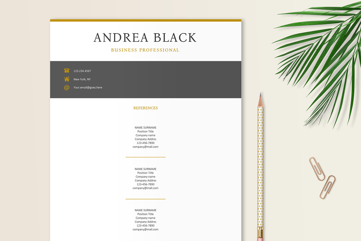 Black and Gold Resume Template, a Resume Template by Stanin Studio