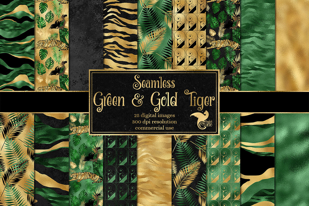 Green and Gold Tiger Digital Paper, a Pattern Graphic by Digital Curio