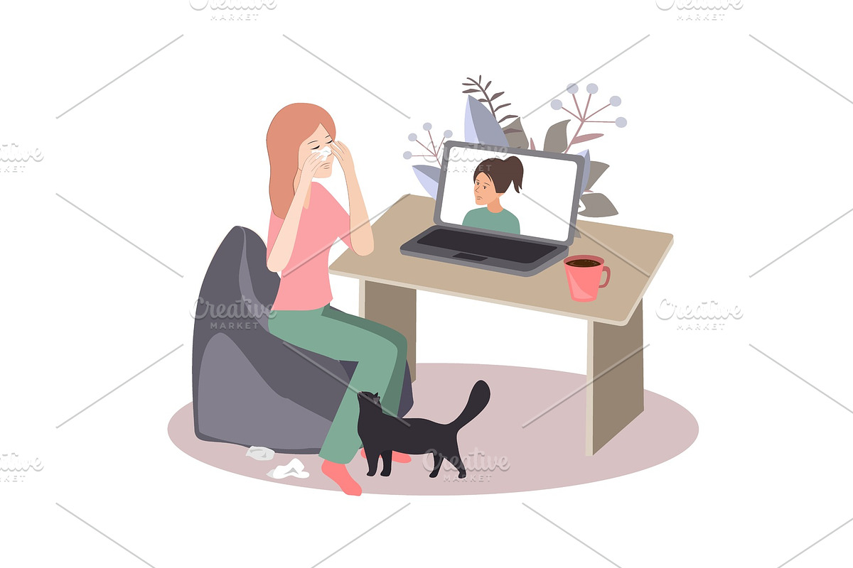 Crying woman seating at her desk in, a Healthcare Illustration by Toltemara