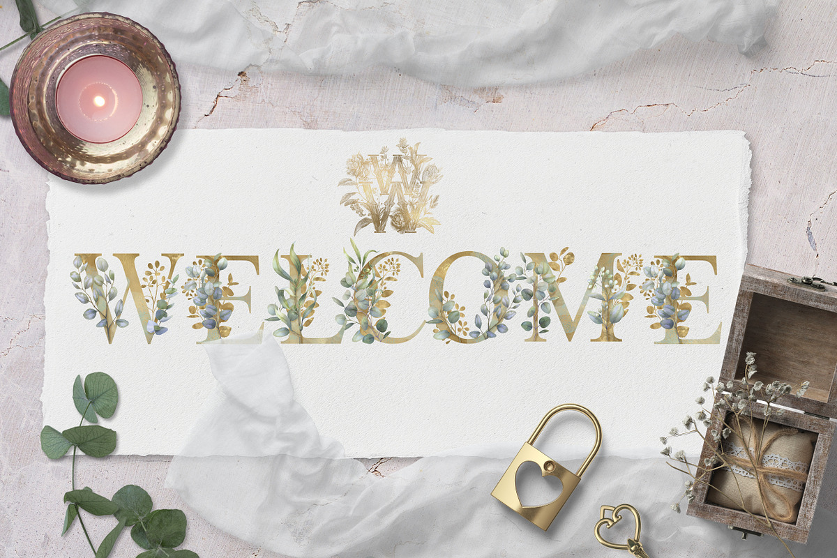 Gold Eucalyptus monogram letters, an Illustration by WonderWonder