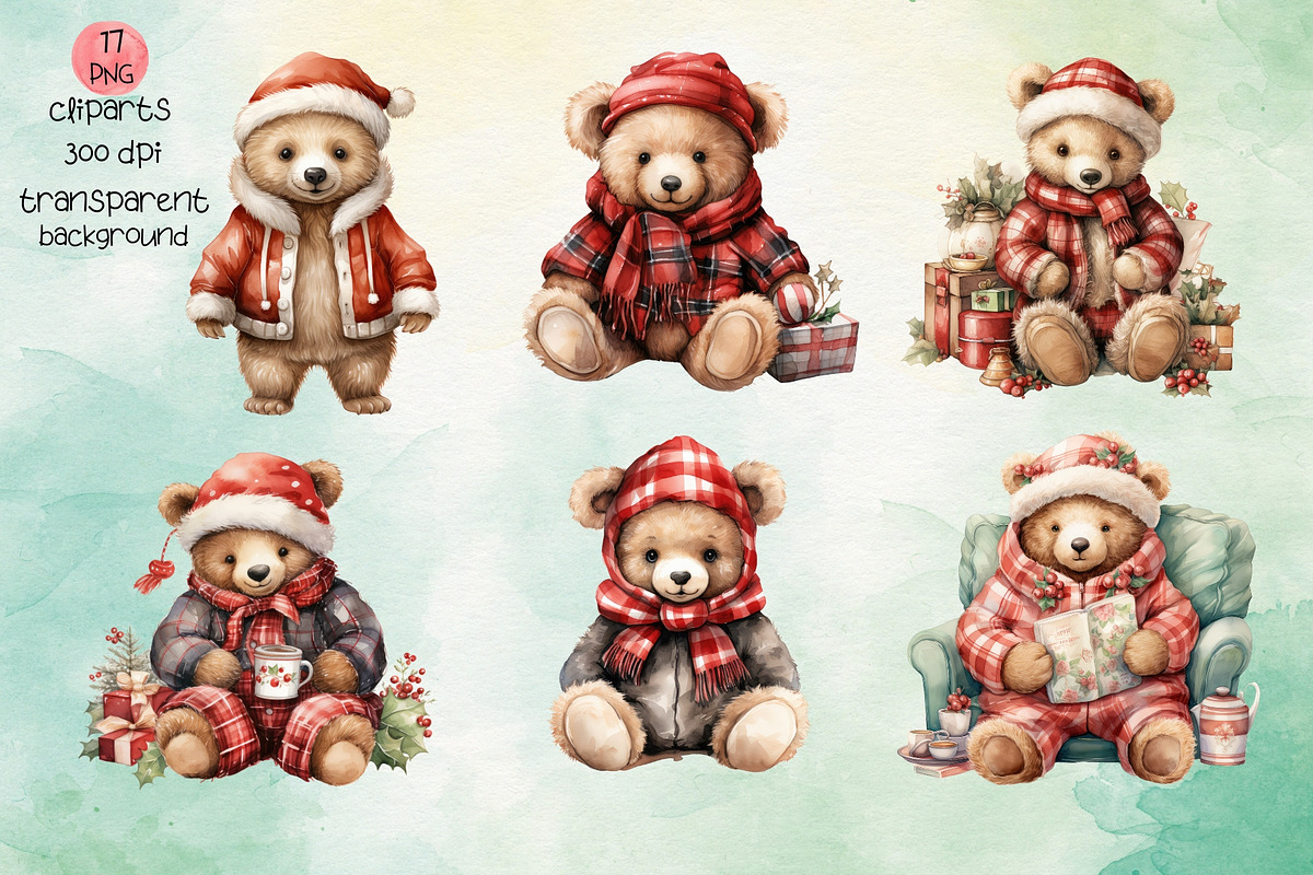 Bear Christmas Watercolor Clipart, a Seasonal Illustration by Maysa Art