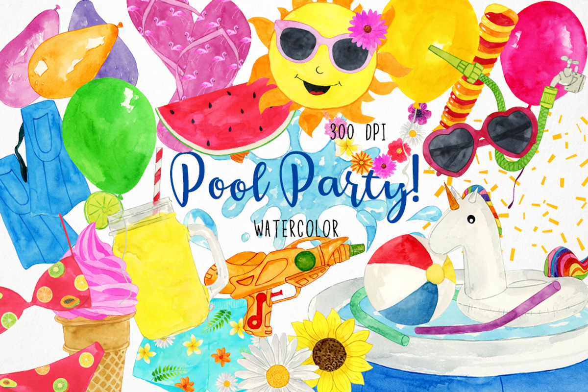 Watercolor Pool Party Clipart, an Illustration by Paulaparaula