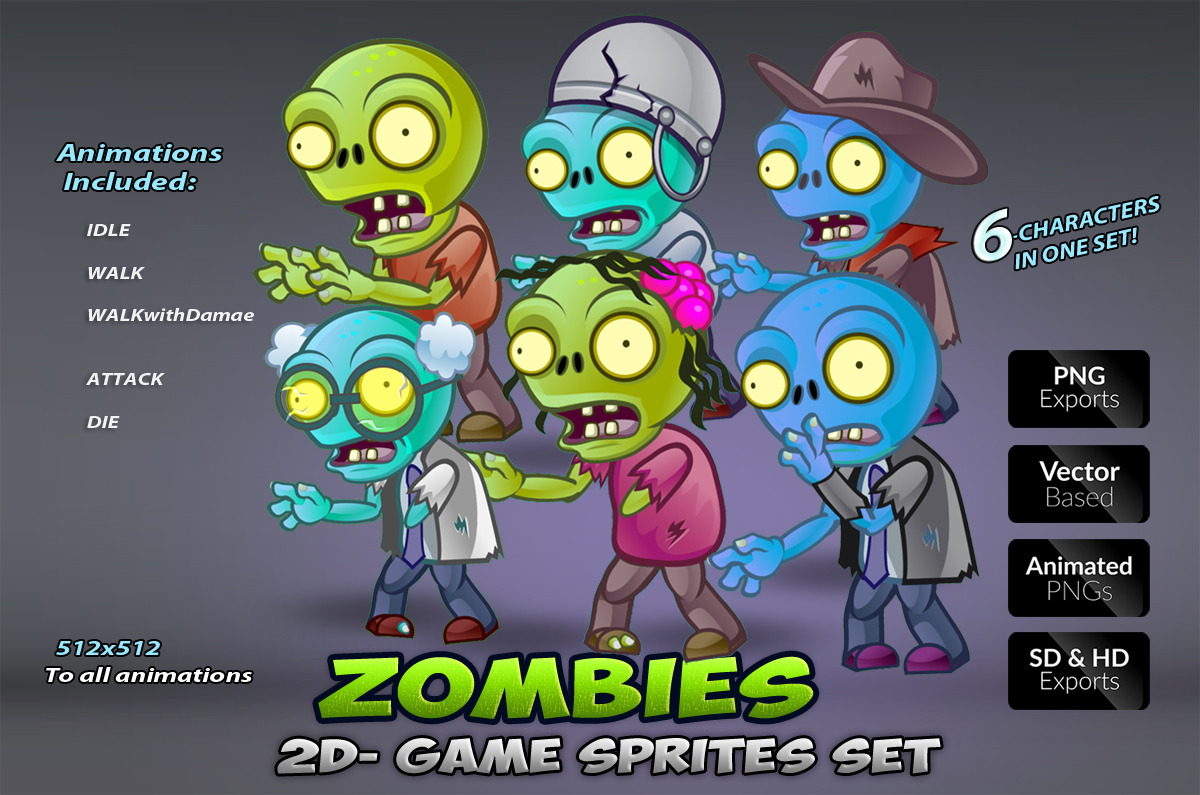 6- Zombies Game Character Sprites, an Illustration by DionArtworks