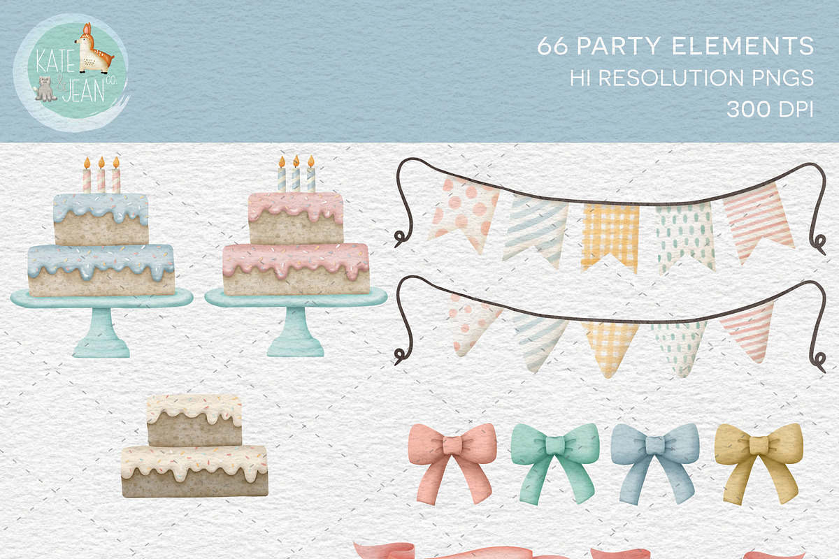 Watercolor Party Clipart Set, an Illustration by KateandJeanCo